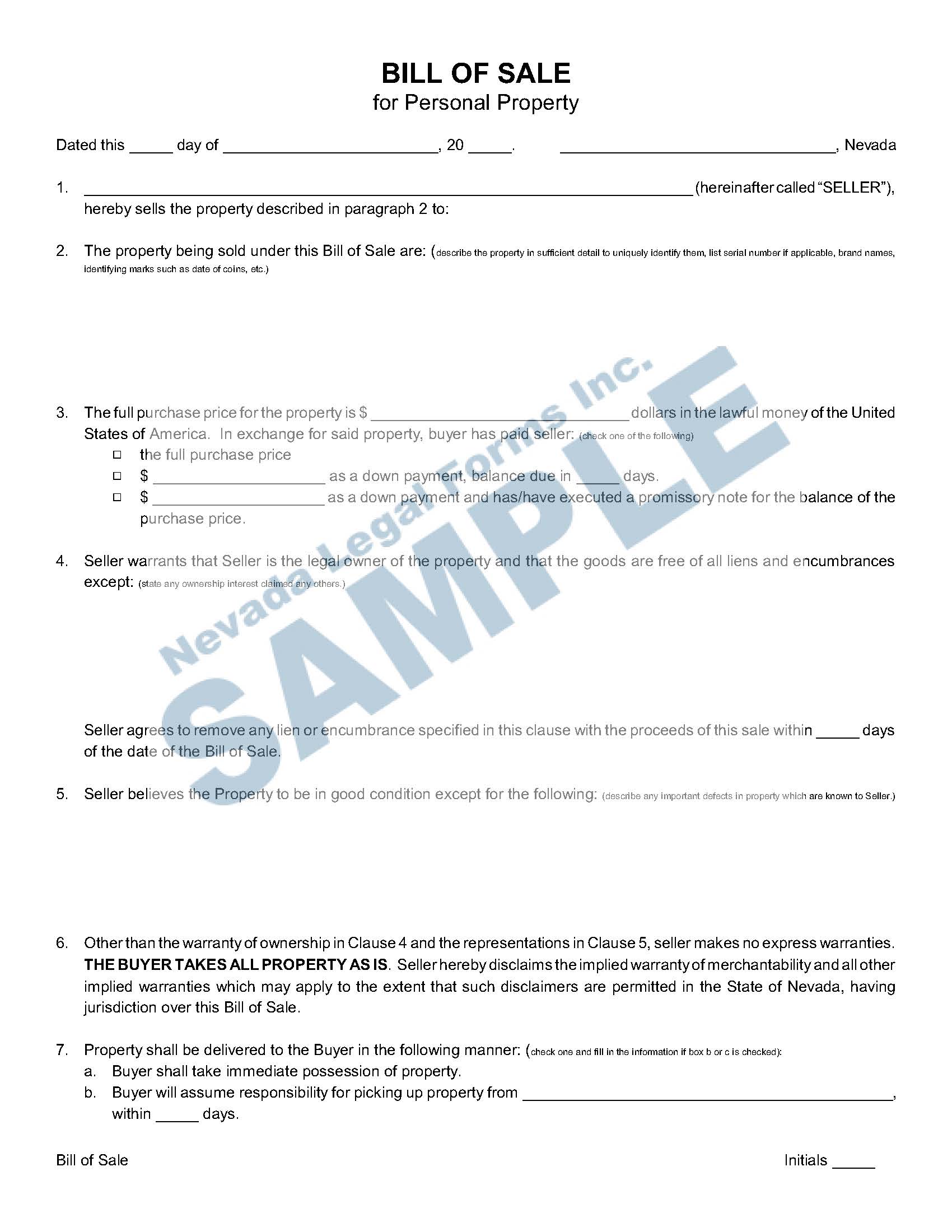 BILL OF SALE (for personal property) | Nevada Legal Forms & Services